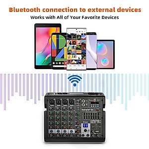 8-Channel Mixer 99 Effects 7 Band EQ Bluetooth Studio Audio Mixer for PC Recording Input, XLR Microphone Jack, 48V Power, for Professional and Beginners-Bomaite B8, Black