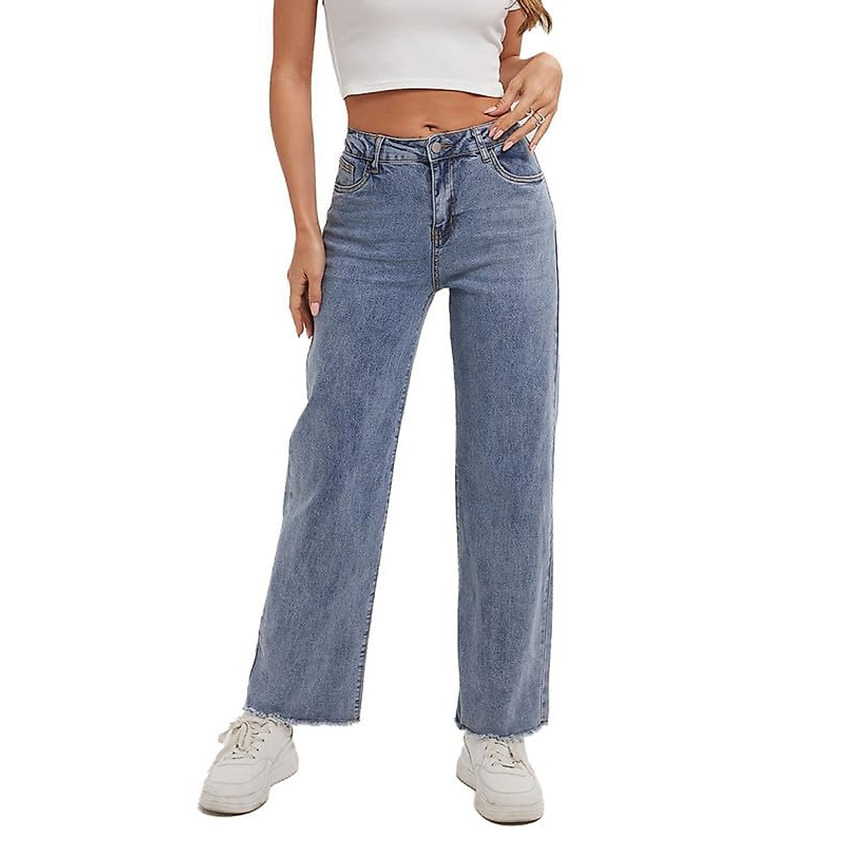 PEIHOT 90S Wide Leg Pants for Women Stretchy Mid Waisted Raw Hem Straight Leg Jeans Denim Pants 2023 Trendy Light Blue