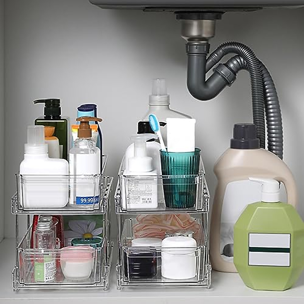 Frogued Multi-functional Storage Rack 2 Tier Clear Plastic Heavy Duty Large Capacity Bathroom Kitchen Countertop Under Sink Sliding