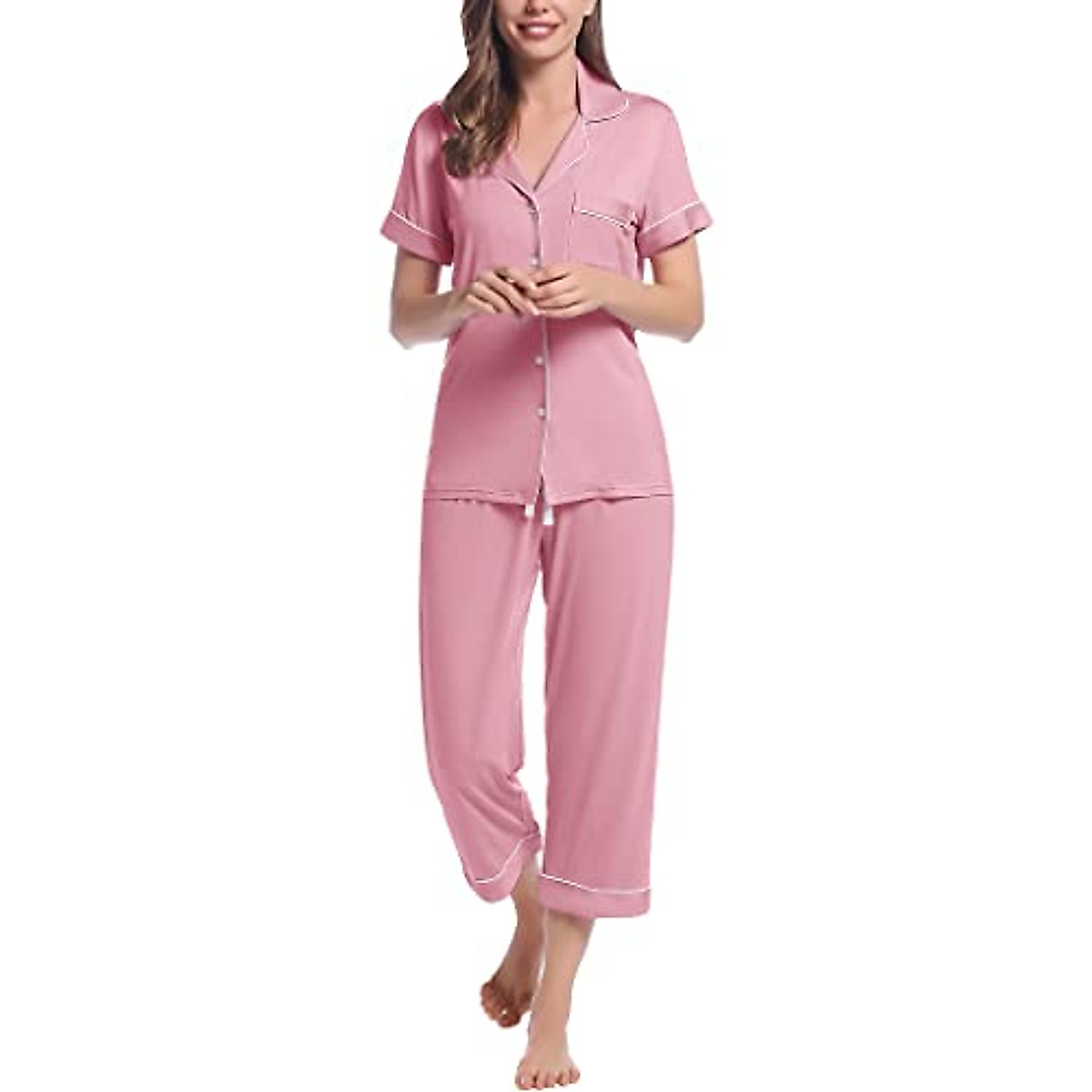Joyaria Bamboo Pajamas for Women Cooling Capri Pj Sets Short Sleeve(Dusty Pink,Large)