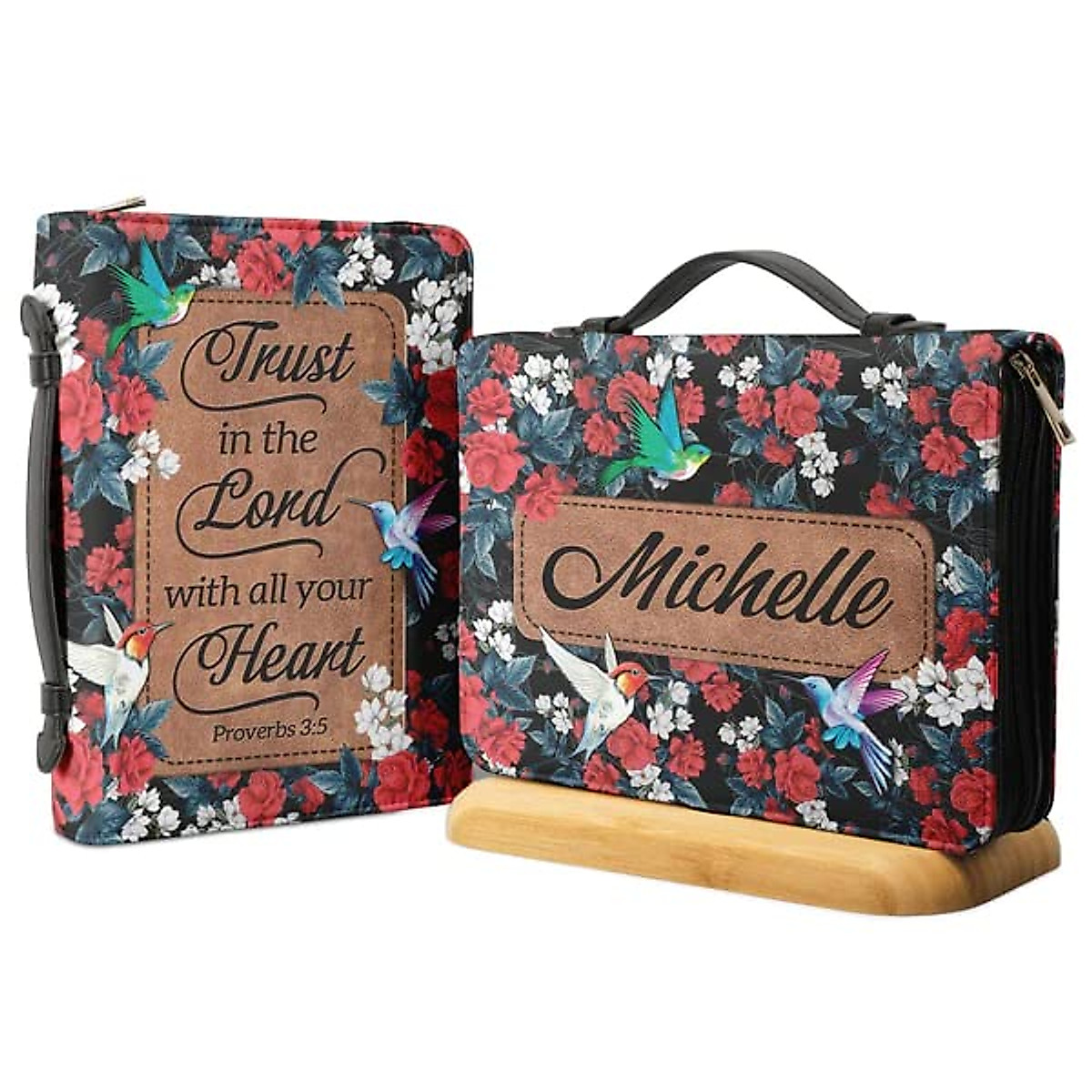 Trust in The Lord Proverbs Hummingbird Flower Pattern Christian Gifts Custom Book Bible Cover Premium Faux or Top Grain Leather