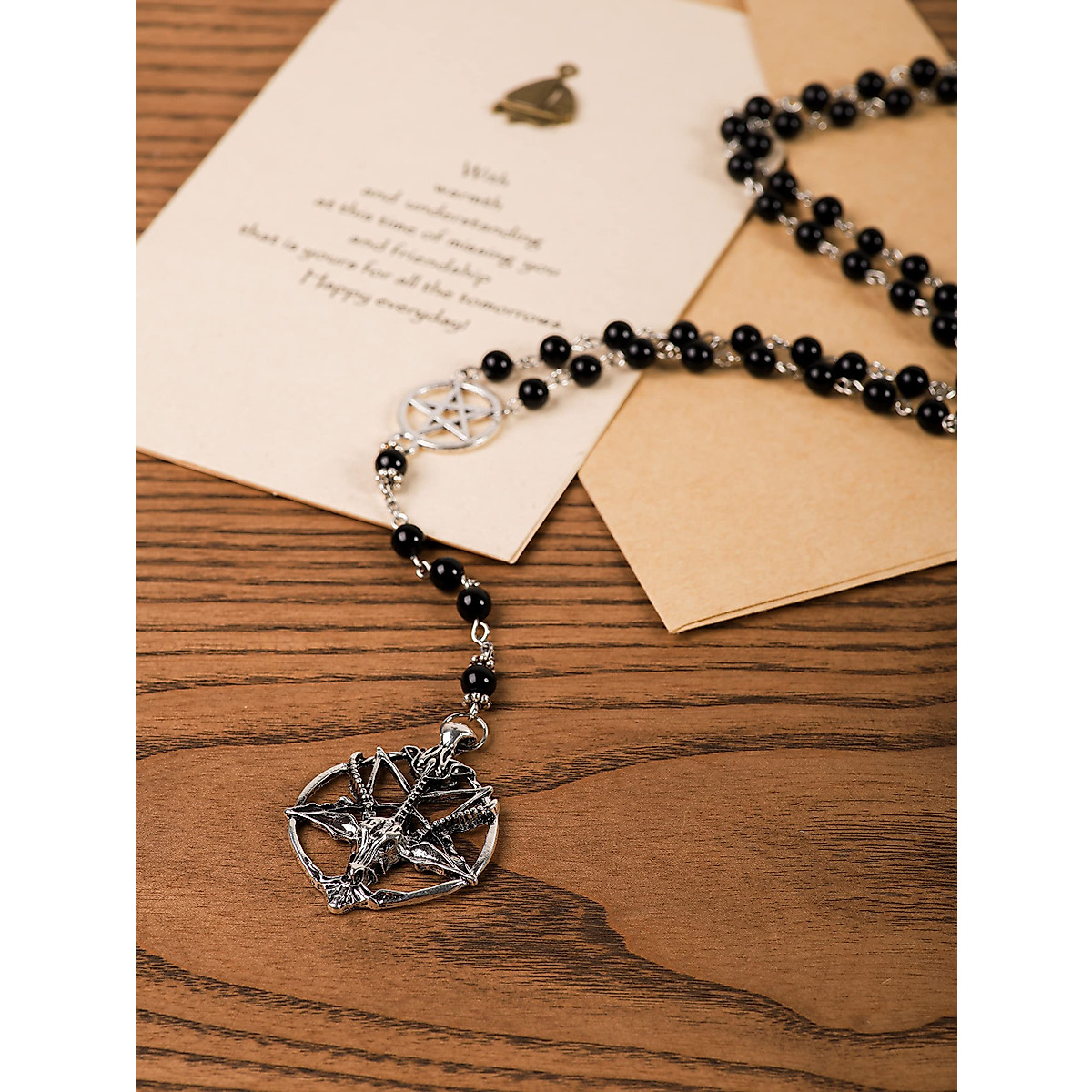 Sacina Gothic Baphomet Necklace, Pentagram Necklace, Long Bead Rosary Necklace, Goth Necklace, Halloween Christmas New Year Jewelry Gift For Women, Men