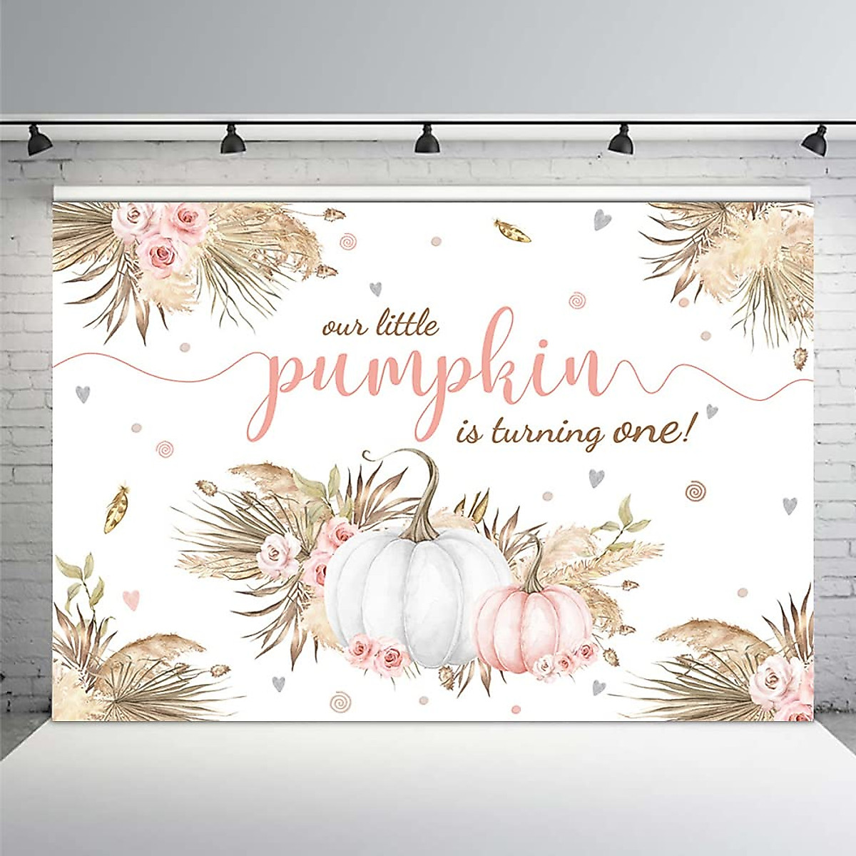 MEHOFOND 7x5ft Fall Pumpkin 1st Birthday Backdrop Boho Pink Floral Our Little Pumpkin is Turning One Banner Fall Autumn First Birthday Photography Background Cake Table Smash Photo Props
