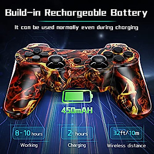 ISHAKO Wireless Controller 2 pack for PS3, Upgraded Joystick Controller for PS3 High Performance Double Shock, Touch Pad, Audio Function compatible with Playstation 3 / Pro/Slim/PC(Flame+Black Skull)