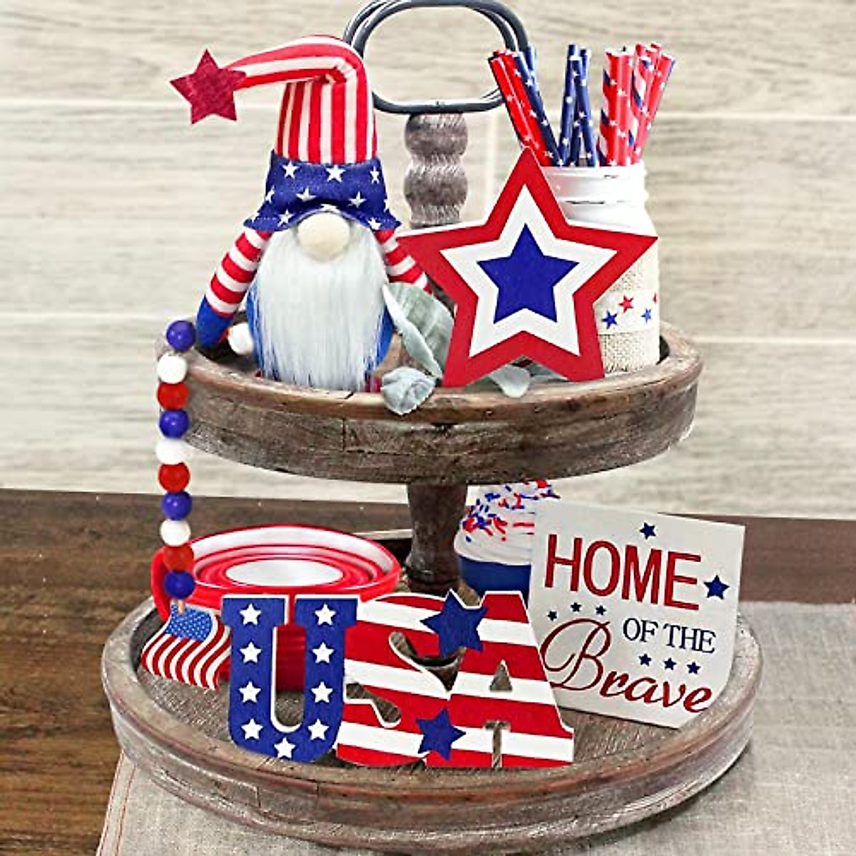4th of July Decorations - Tiered Tray Decor - 3 Patriotic Wooden Signs - Gnomes Plush and Bead Garland - Farmhouse Rustic Decor Items for Home Table Memorial Day Independence Labor Red White Blue