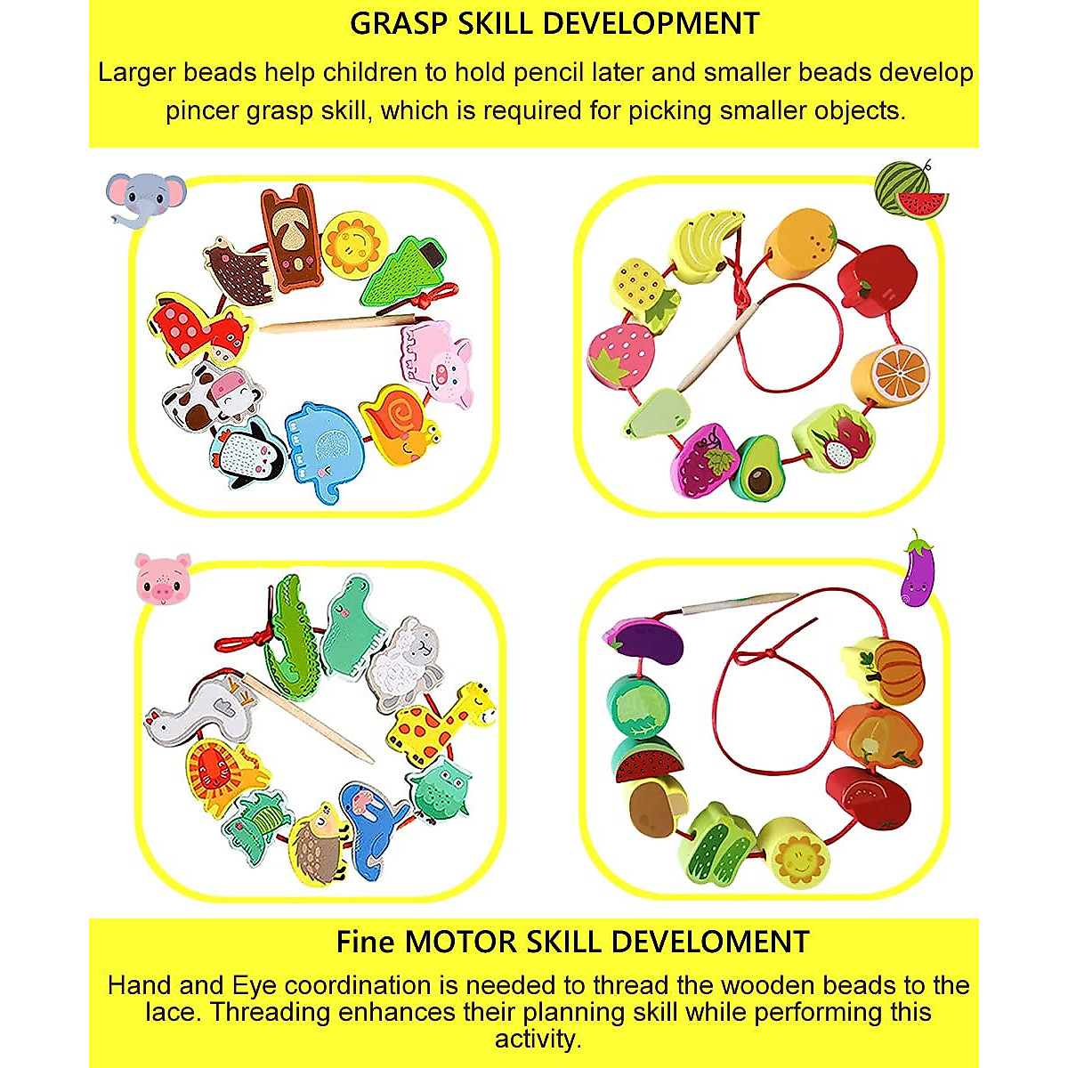 BMTOYS Montessori Educational Threading Toys Wooden Stringing Farm Animals Fruits Lacing Beads Preschool Toy for Toddler 3 4 5 Year Old Boys Girls