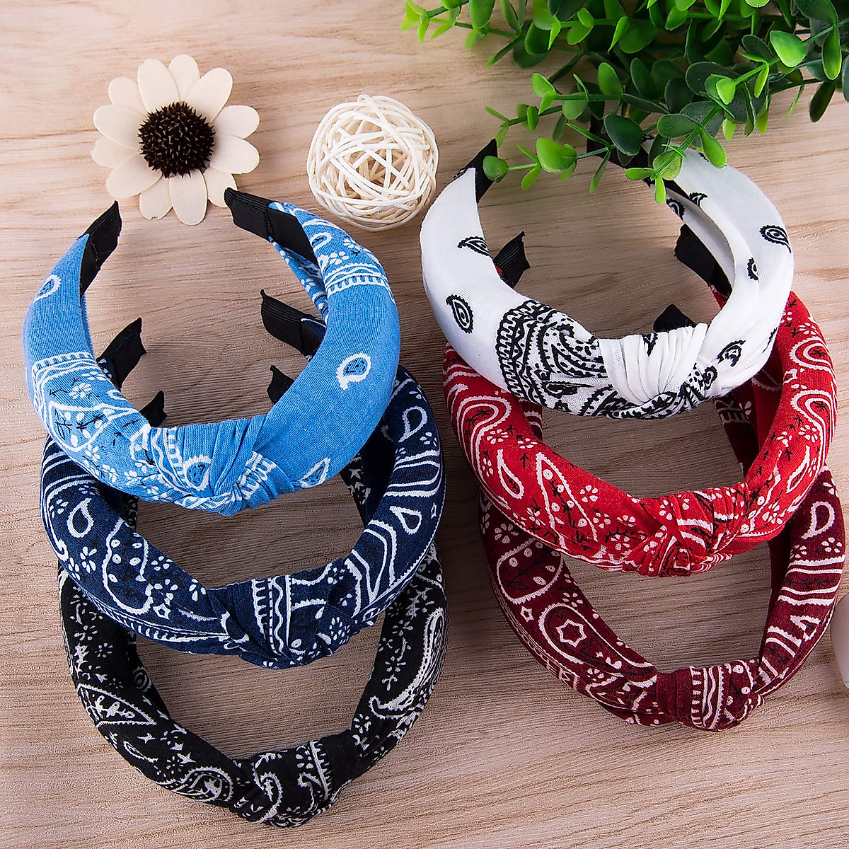 Duufin 6 Pieces Paisley Bandana Headbands Twisted Knot Boho Headbands Top Knot Headband Vintage Cross Knotted Headbands for Women and Girls