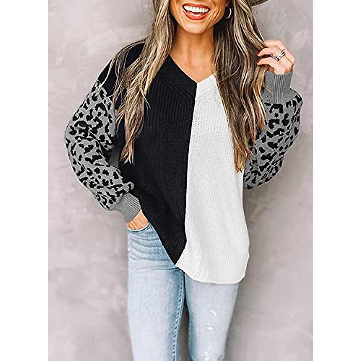 ANCAPELION Women’s V Neck Sweater Pullover Leopard Long Sleeve Basic Color Block Jumper Casual Knitted Tops Leopard Grey XX-Large