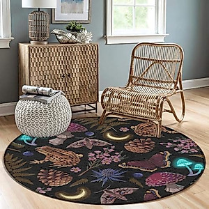 Modern Round Area Rug Goth Moon Frogs Moth Magical Mushroom Leaves Bedroom Circle Rug Washable Meditation Carpet for Playroom Living Room Bedroom Diameter 36inch