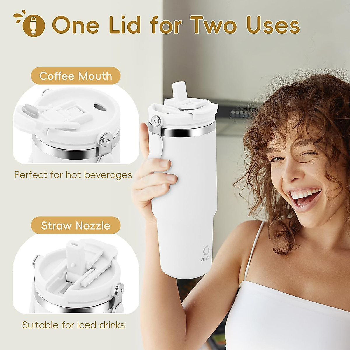 VUSIGN 30 oz Tumbler with Handle and Flip Straw, Stainless Steel Vacuum Insulated Water Bottle Travel Mug Thermal Cup for Home, Office, Car, Outdoors, Sports, Cream