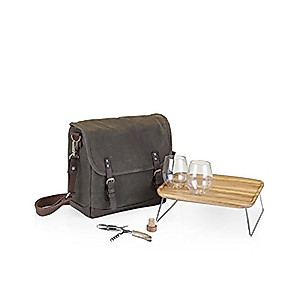 LEGACY - a Picnic Time Brand Adventure Wine Tote Glasses and Mini Table, 2 Bottle Picnic Bag, (Khaki Green with Brown Accents)