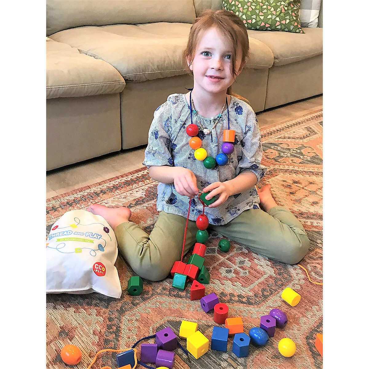 CC O Play Large Lacing Bead Set for Kids - 36 Jumbo Beads & 4 Threads for Toddlers - Montessori Educational Stringing Toy for Preschool Children - Bonus Bag & Ebook with Primary Resources