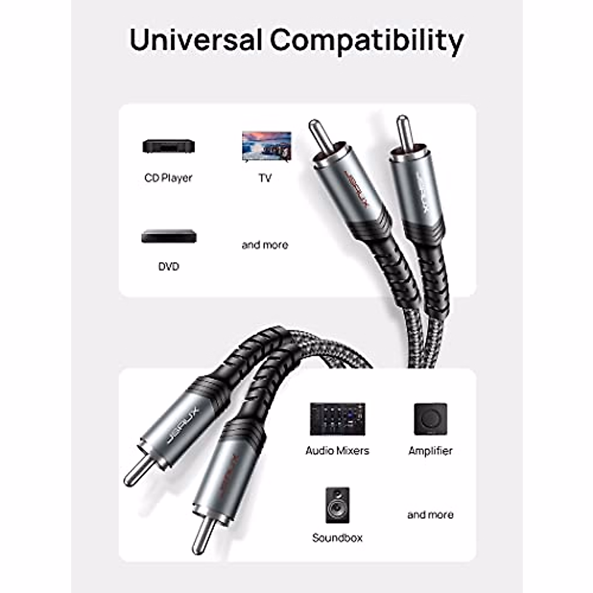 JSAUX RCA Cable（10ft/3M, RCA Audio Cable Shielded Stereo 2RCA to 2RCA Male Y Braided Cord Compatible for Home Theater, HDTV, Amplifiers, Hi-Fi Systems, Car Audio[Grey]