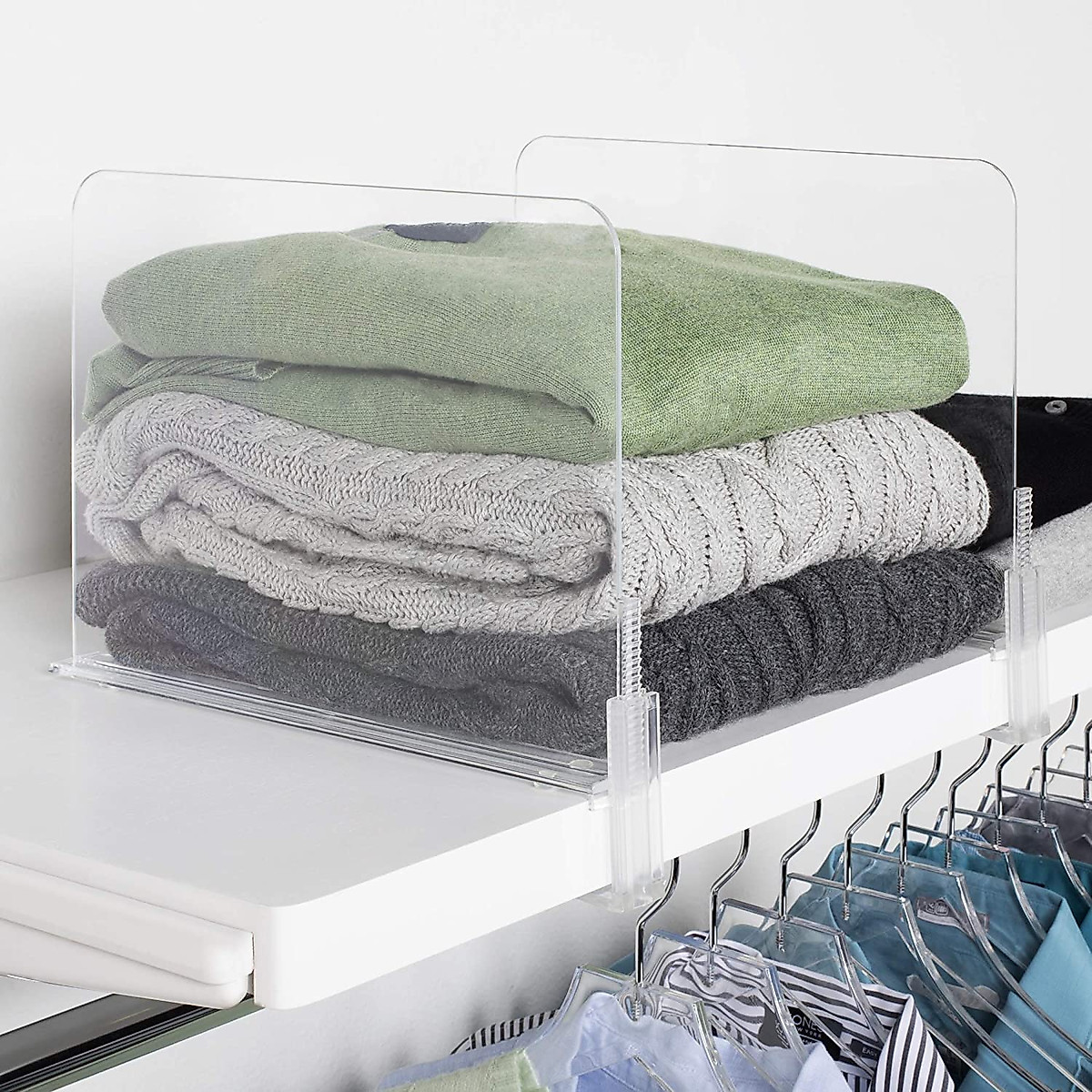 Richards Homewares Acrylic Shelf dividers 2 Pack- Closet Organizer and Storage for Purses, Sweaters, Clothes or Books - Clear Separators for Bedroom Kitchen Cabinets or Office Shelves