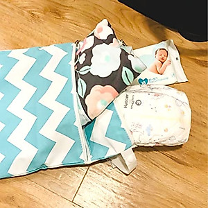 Waterproof Wet Dry Diaper Bags. 2 Pockets, Washable, Reusable for Beach, Pool, Daycare, Stroller, Snowboard Travel, Cloth Towel 12”x14” 2 Pieces (Navy Blue & Aqua)
