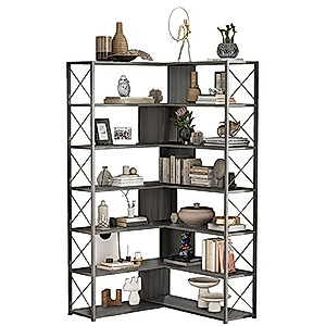 Corner Bookcase, 7-Tier L-Shaped Tall Bookshelf with Open Storage, Freestanding Industrial Etagere Shelf with Metal Frame for Home Office Funiture, Grey, Silver Frame