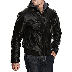 HOOD CREW Men Faux Leather Jacket with Detachable Hood Casual Motorcycle Bomber Jackets Outerwear Black XXL