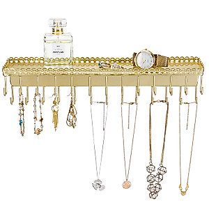 MyGift 26-Hook Gold-Tone Wall-Mounted Metal Jewelry Organizer with Display Shelf