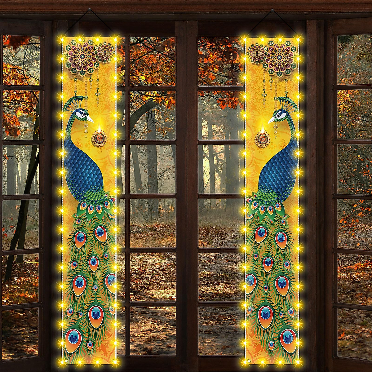 Happy Diwali Porch Banner with Lights Indian Diwali Peacock Front Porch Welcome Sign Deepavali Indian Festival of Lights Decorations-12×71''