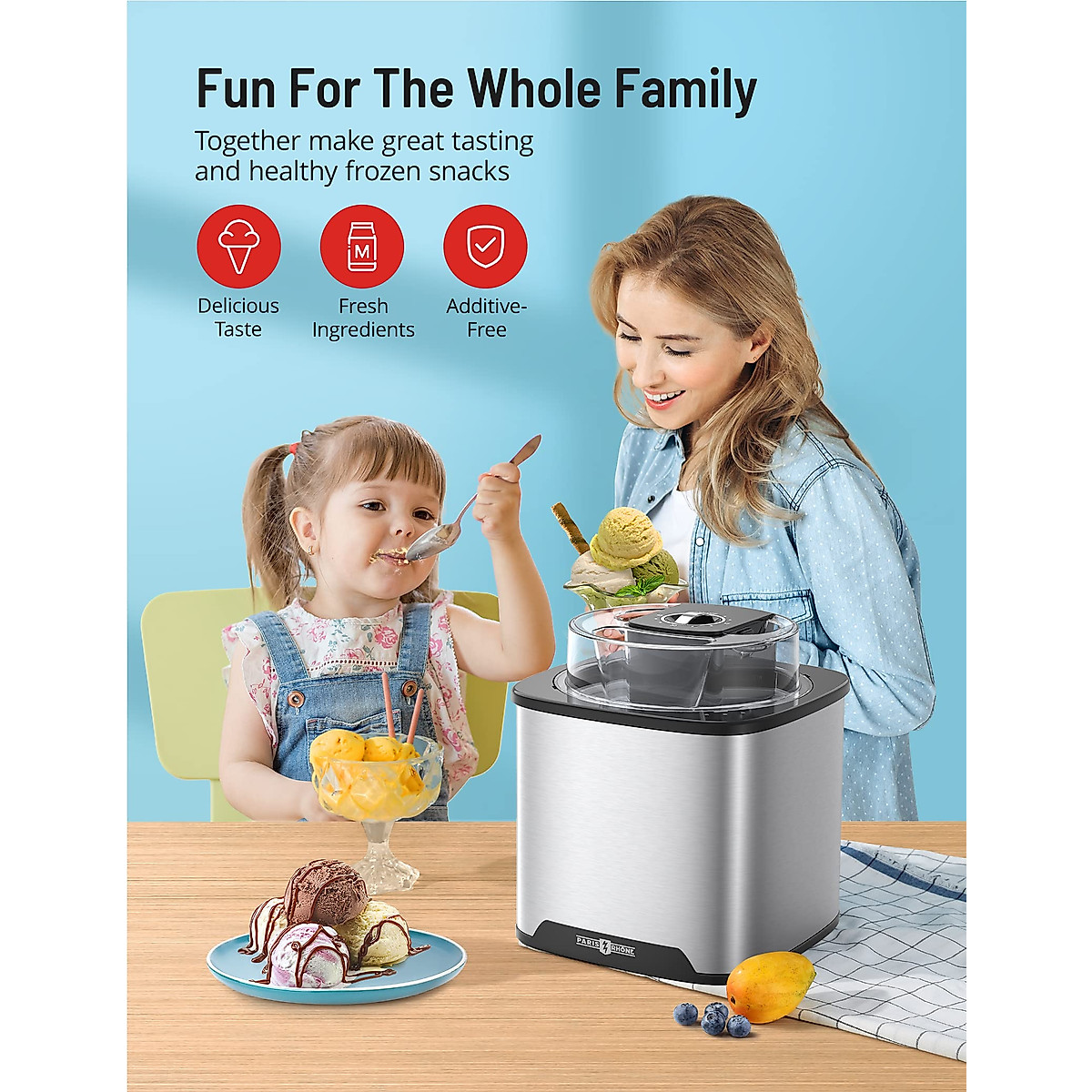 2.1 Quart Ice Cream Maker, Paris Rhône Automatic Homemade Electric Ice Cream Maker Machine for Countertops with Freezer Bowl, Spatula, Scoop, Measuring Cup for Frozen Yogurt, Creamy Ice Cream,