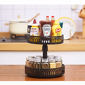 Y&M 2 Tier Lazy Susan Turntable, Height Adjustable Spice Organizer, 9.5” & 10” Round Metal Rotating Spice Rack, Spice Jars Storage Holder for Snack Pantry Cabinet Bathroom Countertop Kitchen - Black