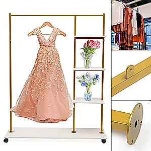 GDAE10 Gold Garment Rack Stand Iron with Universal Wheel and Shelves Square Wedding Dress Bridal Garment Rack Dress Display Stand Floor Hanger Storage Rack for Home Wedding Clothing Store