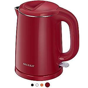 Secura Stainless Steel Double Wall Electric Kettle Water Heater for Tea Coffee w/Auto Shut-Off and Boil-Dry Protection, 1.0L (Red)