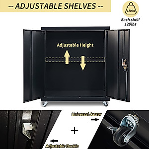 GEDELITE Metal Storage Cabinet with Wheels, Mobile Metal Cabinet, Steel Storage Cabinet with Adjustable Shelve and Locking Doors for Home and Office, Black