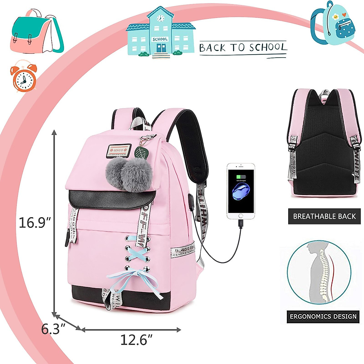 Lmeison Backpack for Girls Kids Schoolbag Children Bookbag Women Casual Daypack Teenage Girls' Backpack Middle School Students Bookbag Outdoor Daypack with USB Charge Port, Pink
