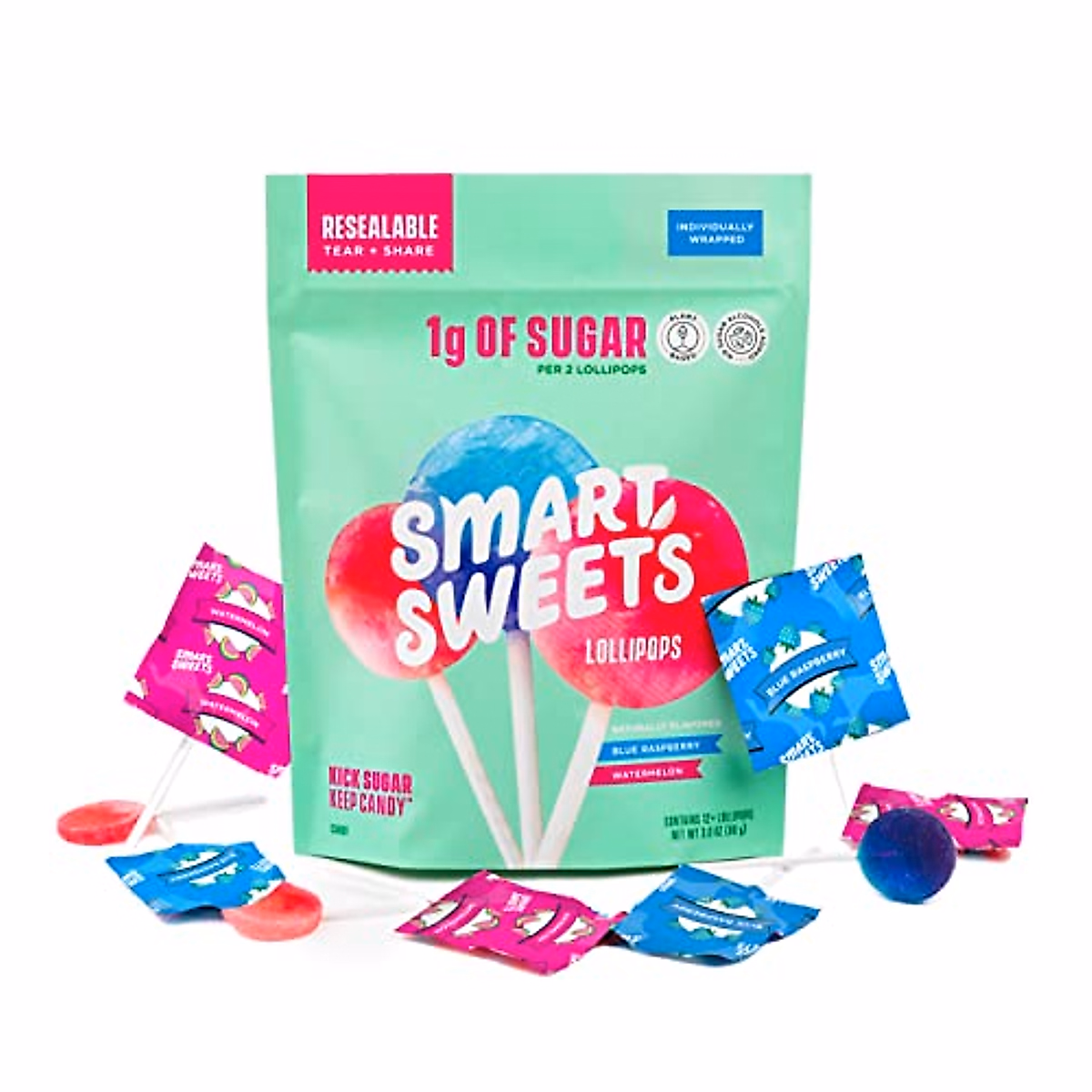 SmartSweets Lollipops, Blue Raspberry & Watermelon Flavors, Hard Candy with Low Sugar (1g), Low Calorie (40), No Artificial Sweeteners, Plant-Based, Gluten-Free, 3oz (Packaging May Vary)