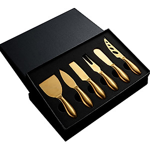 Golden Cheese Knife Set 6 Piece, Stainless Steel Cheese Cutter, Cheese Spreader knife with Ergonomic Handle, Cheese Shaver and Fork for Holiday, Birthday, Wedding, Party