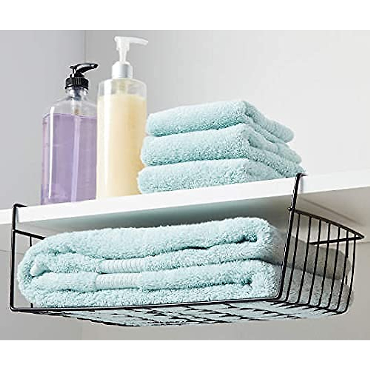 Tebery 2 Pack Black Under Shelf Wire Basket, Hanging Storage Baskets Under Cabinet Add-on Storage Racks, Slide-in Baskets Organizer for Kitchen Pantry Desk Bookshelf