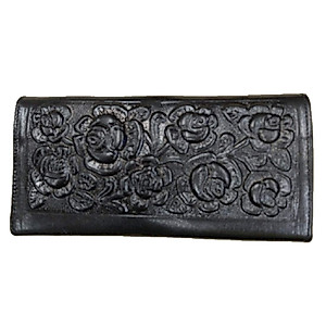 Sharpshooter Ladies Tooled Leather Western Blossoming Roses Trifold Wallet (BLACK)