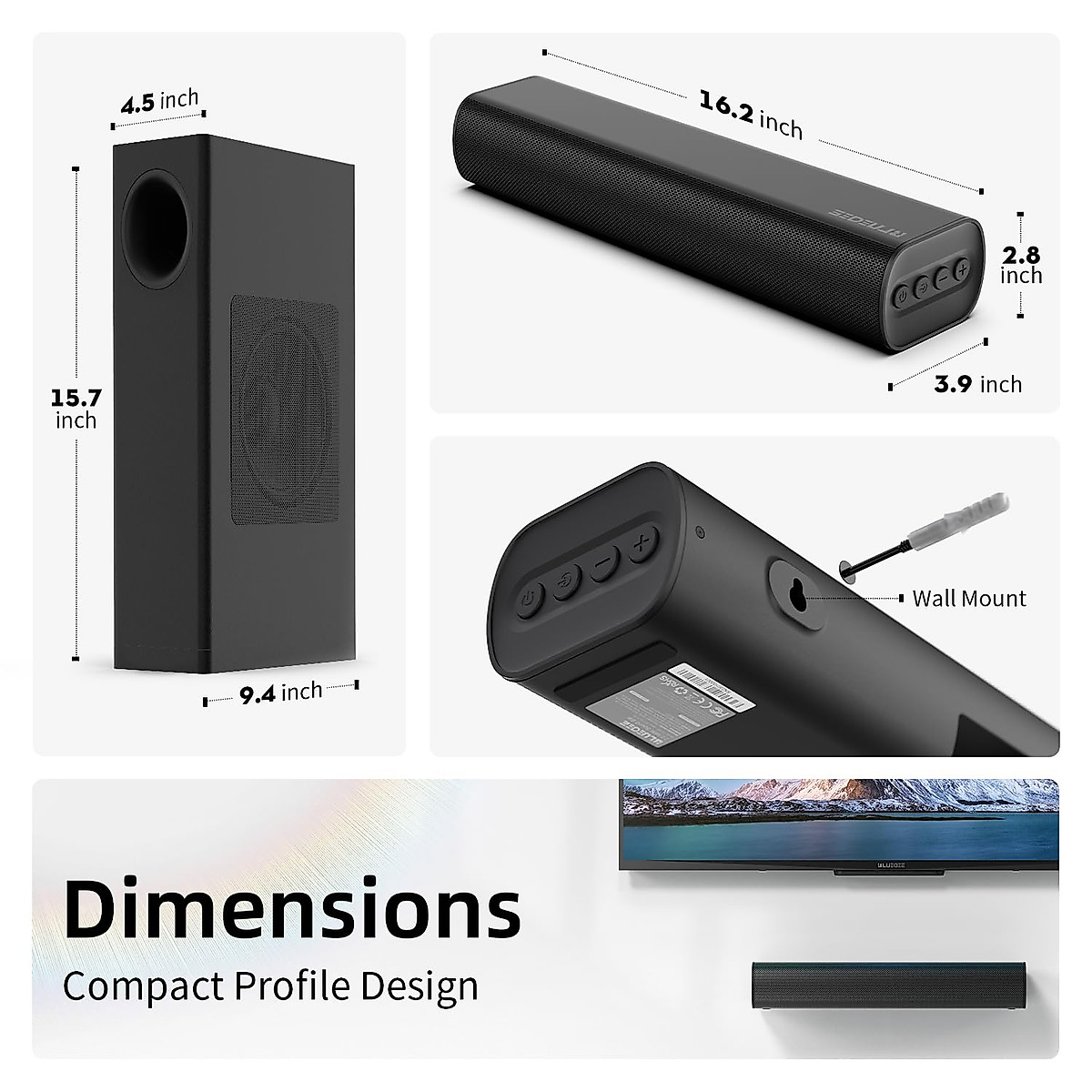 Sound Bars for TV with 100 watts Subwoofer, 16-inch Mountable Sound Bar, 2.1ch Surround Sound System for TV, Bluetooth Soundbar for TV Work with Traditional or Smart TV, Computer