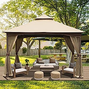 Domi 10'x13' Gazebo, Outdoor Gazebo with Mosquito Netting, Metal Frame Double Roof Soft Top Patio Gazebo Canopy Tent for Deck Backyard Garden Lawns