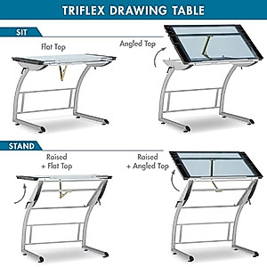 SD Studio Designs Triflex Drawing Table, Sit to Stand Up Adjustable Office Home Computer Desk, 35.25" W X 23.5" D, Silver/Blue Glass