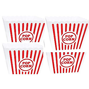 TDST Set of 4 Large Plastic Popcorn Tubs, 8.75x8.75 in. Retro Classic Red and White Striped Bowl Reusable Movie Theater Bucket with Bonus TDST Upendo