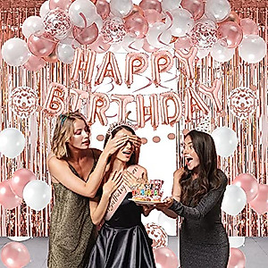 Rose Gold Happy Birthday Party Decorations for Women Girls, Happy Birthday Banner for Her, Fringe Curtains, Foil Tablecloth, Confetti Balloons, Butterfly Decor for 13th 16th 18th 21st 30th 40th 50th
