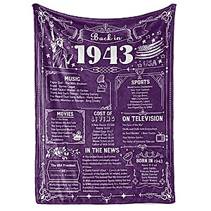80th Birthday Gifts for Women 1943 Blanket 60x50 Inches, Best 80th Birthday Gifts, 80 Year Old Birthday Gifts for Women, 80th Birthday Decorations for Women Wife Mom Grandma Soft Warm Purple Blanket