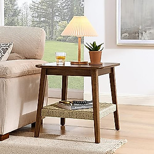 Oriental eLife Mid-Century Side Table with Woven Shelf,Boho End Table with Storage,Small Side Table for Living Room,Couch,Bedroom,Patio,Home Office (23")