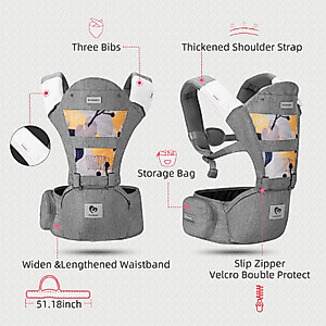 Baby Carrier, Bellababy Multifunction Baby Carrier Hip Seat (Ergonomic M Position) for 3-36 Month Baby, 6-in-1 Ways to Carry, All Seasons, Adjustable Size, Perfect for Shopping Travelling (Grey)