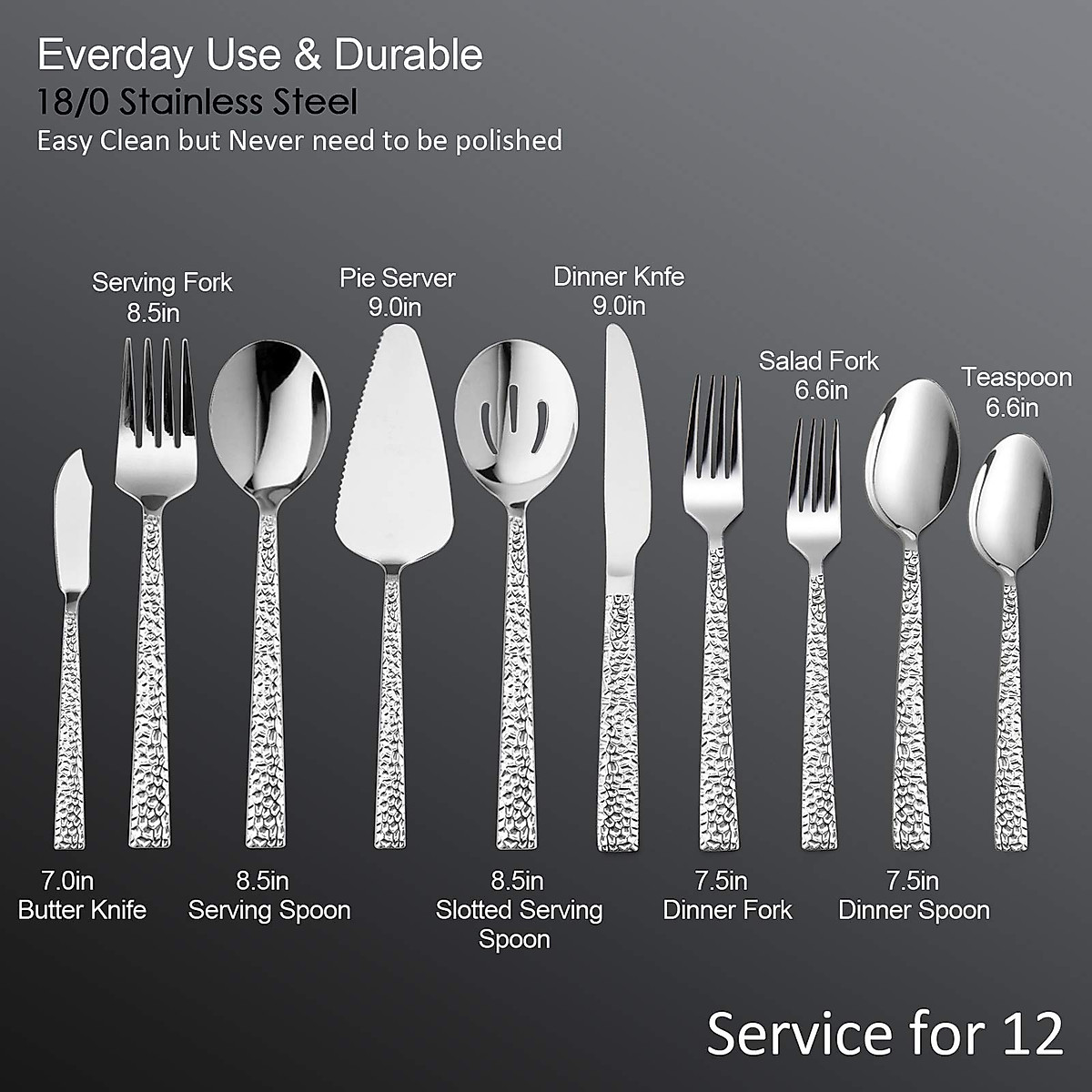 HaWare 65-Piece Hammered Flatware Serving Set, Stainless Steel Silverware Cutlery Set for Home/Hotel/Restaurant, Service for 12, Elegant & Classic Design, Dishwasher Safe-Square Edge