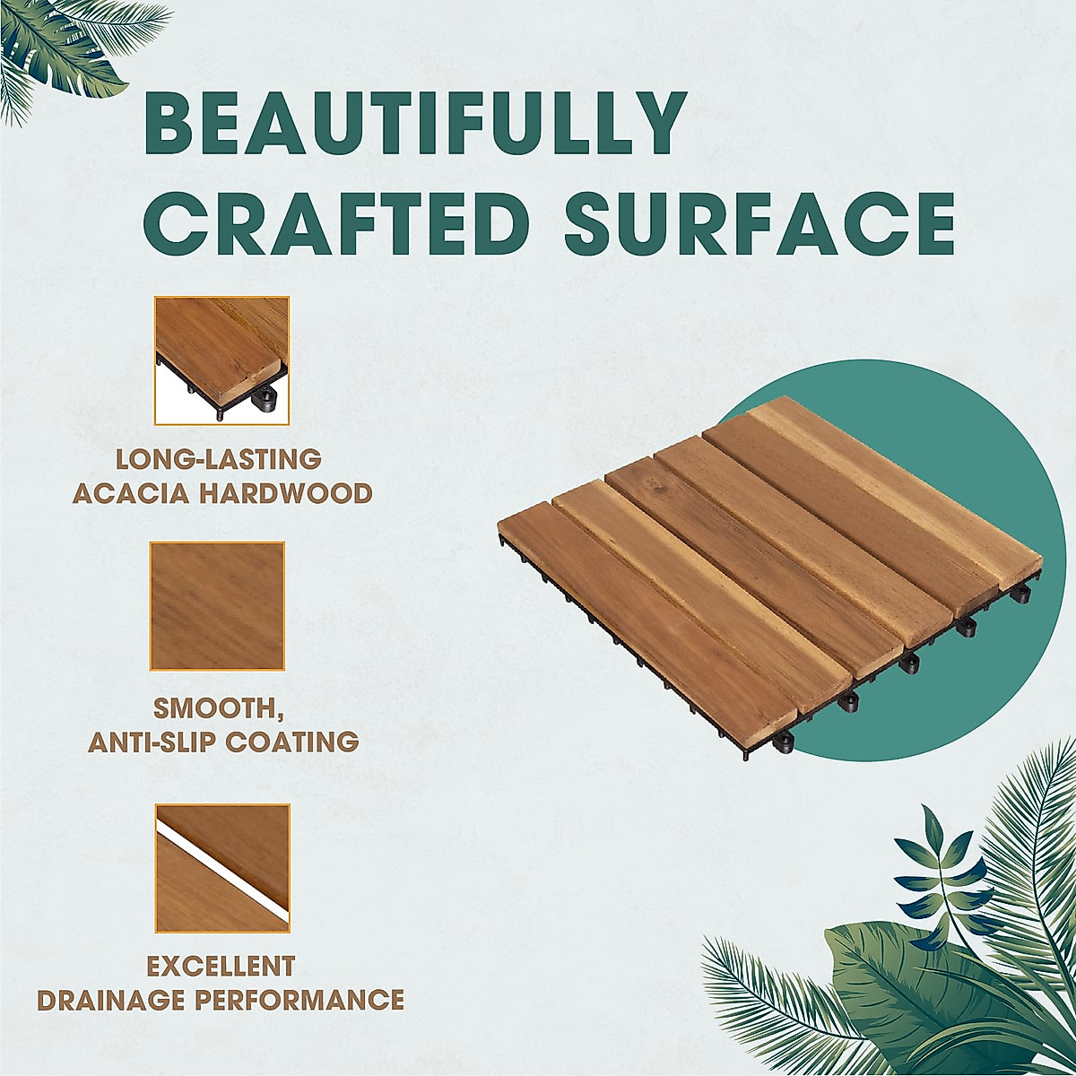 Idzo Interlocking Deck Tiles - 20PCS Waterproof Acacia Wood Patio Tiles, Flooring Tiles for Both Indoor and Outdoor - Decking 2 Style 12 Slats and 6 Slats, Golden Teak, 12 x 12 x 0.9 inches