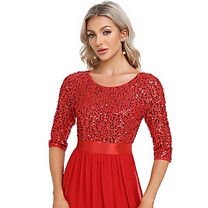 Ever-Pretty Women's Elegant A Line Crew Neck Half Sleeve Sequin Maxi Evening Dress Red US06
