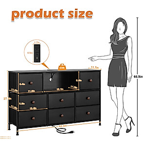 LYNCOHOME Black Dresser with Power Outlets and LED Lights, 43" W Dresser TV Stand with 8 Drawers, Fabric Chest of Drawers for Bedroom, Living Room, Entryway