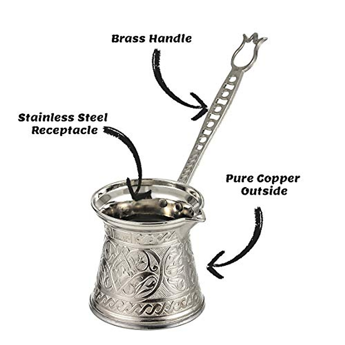 Turkish Coffee Pot, Moka Pot, Espresso Maker for the Stove Top, Camping Coffee Pot, Handmade Greek Arabic Coffee Warmer Cezve with Brass Handle, Stainless Steel Inside (Small 8 oz, Silver)