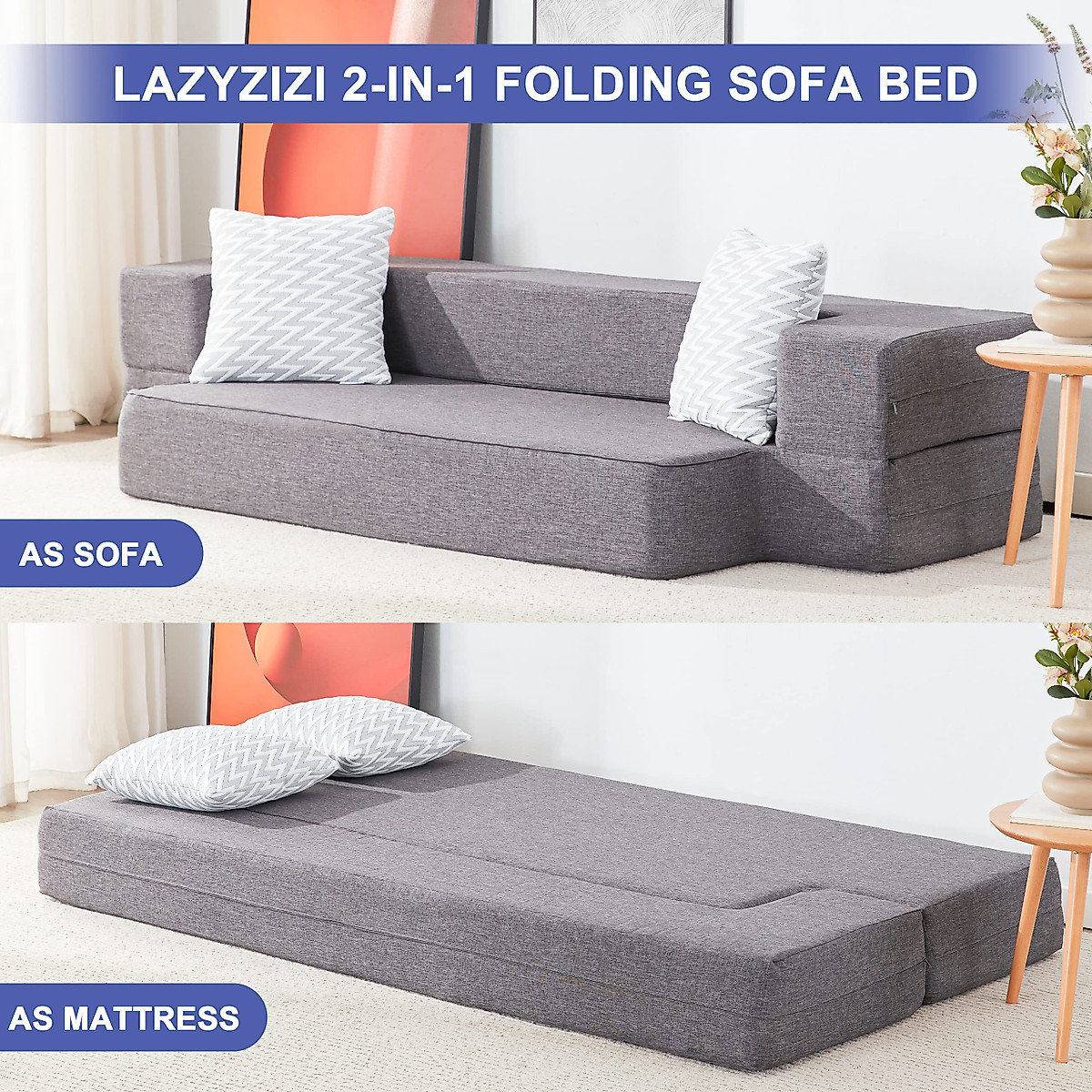 Lazyzizi Floor Sofa Bed, Fold Out Couch Bed with 2 Pillows & Washable Cover Convertible Sleeper Folding Sofa Bed Mattress for Living Room, Guest Bed, Playroom 10inches Twin
