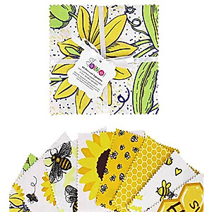 Soimoi Honey Bee Print Precut 5-inch Cotton Fabric Quilting Squares Charm Pack DIY Patchwork Sewing Craft- White & Yellow