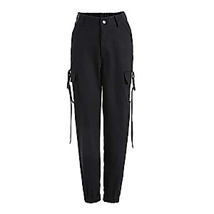 VANGULL Womens High Waisted Cargo Pants Pockets Casual Loose Combat Twill Trousers Girls Black