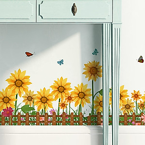 Tropical Plants Sunflower Vine Wall Corner Stickers, AUHOKY Removable Green Fresh Leaves Flower Wallpaper Decals, Garden DIY Art Mural for Nursery Bedroom Kitchen Offices Home Decorations (B)